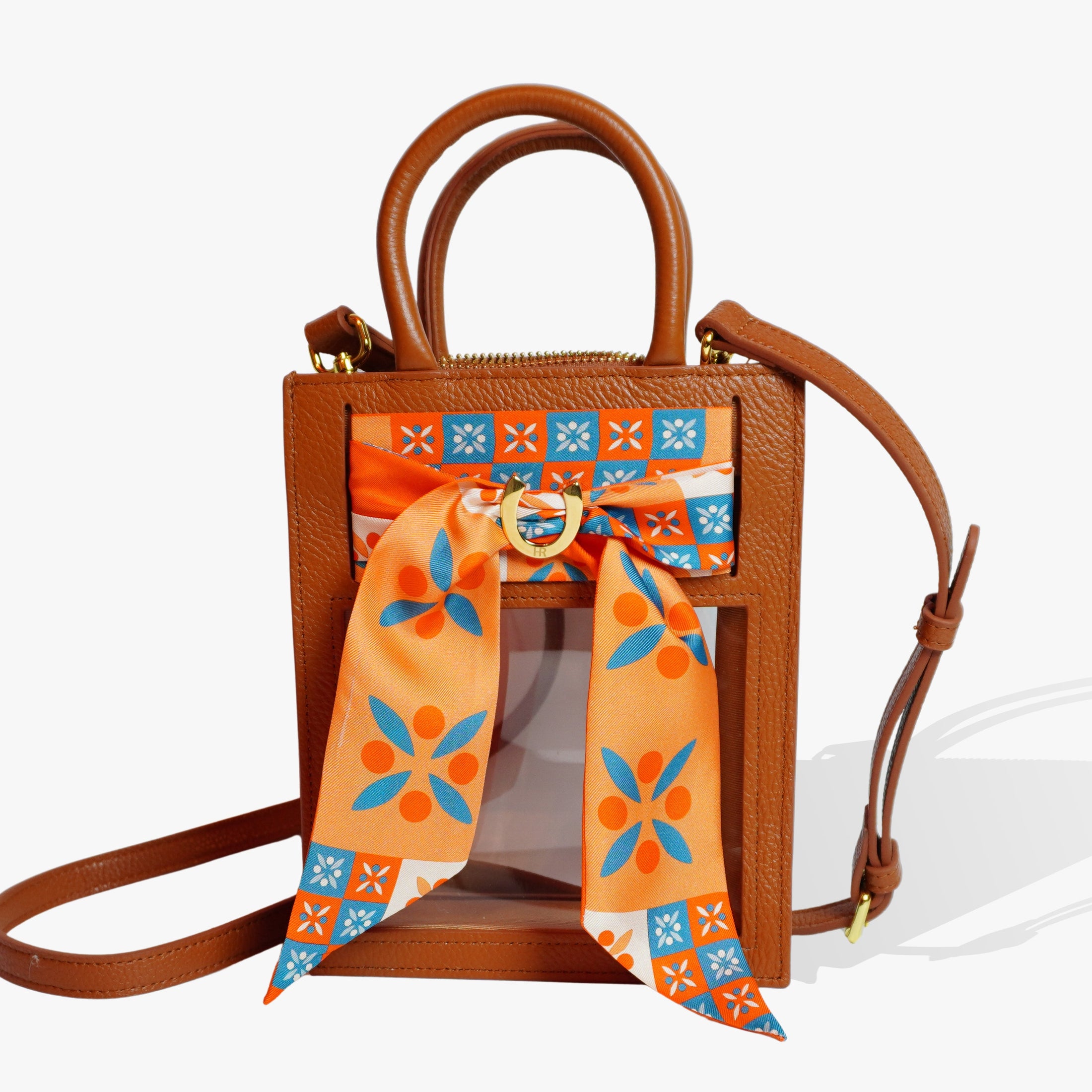 Stadium Approved Leather Top Handle Purse with Silk Twill Skinny Scarf